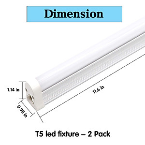 T5 LED Light Fixture 1ft 580lm 5W Frosted Cover, Under Cabinet Lighting, 6500k Cool White, Workbench and Utility Shop Lights, Corded Electric with Built-in ON/Off Switch (Pack of 2)