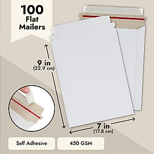 100 Pack 7x9 Rigid Cardboard Mailers That Stay Flat, Self Adhesive Photo Envelopes for Shipping Documents, Bulk (White)
