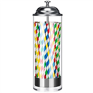 Plastic Straw Dispenser 100 Pcs Drinking Straw Organizer Container with Stainless Steel Lid Transparent Drinking Straw Holder Disposable Drinking Striped Paper Straws