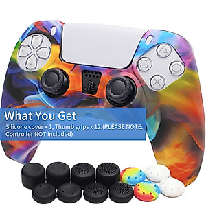 Skin Cover for Sony PS5 Dualsense Controller, Colourful Silicone Protecte Case Printing Cool Flowing Flame, with Pro Thumb Grips x 12