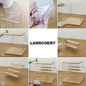 LANSCOERY Acrylic Display Case with LED Light, Clear 5 Tier Organization, Dustproof Wooden Display Box, Exclusive Showcase for Collectibles, Mini Figures and Funko Pop, 11.8x11x11.8inch
