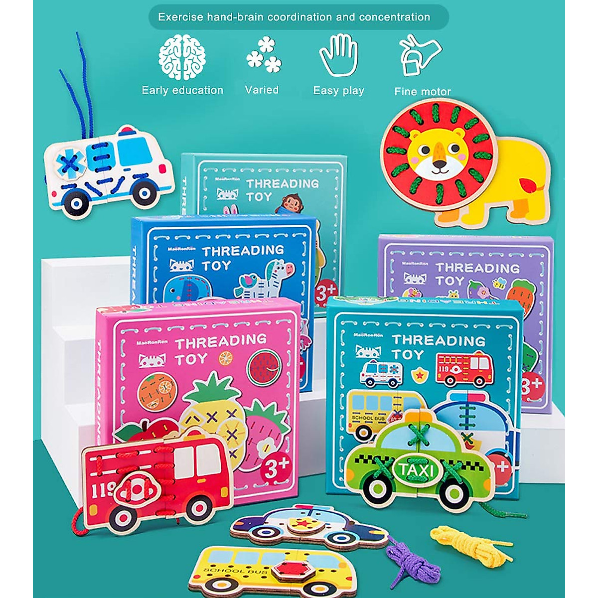 Promise Babe 5 Pack Animals Lacing Cards Wood Block Puzzle Threading Toys Montessori Toy Sewing Cards for Toddler Educational Preschool Toys…