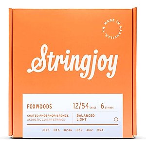 Stringjoy FW1254 Foxwoods Coated Phosphor Bronze Acoustic Guitar Strings 12-54 Light Gauge, Long-Lasting Tone, Smooth Playability, Acoustic Guitar Strings 6 String Set, Premium Guitar Accessories