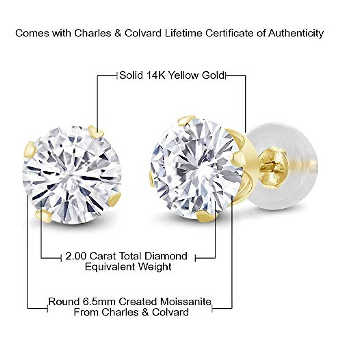 14K Yellow Gold Forever Classic Moissanite from Charles & Colvard Stud Earrings For Women | 2.00 Cttw | Round 6.5MM | Gold Earrings for Women