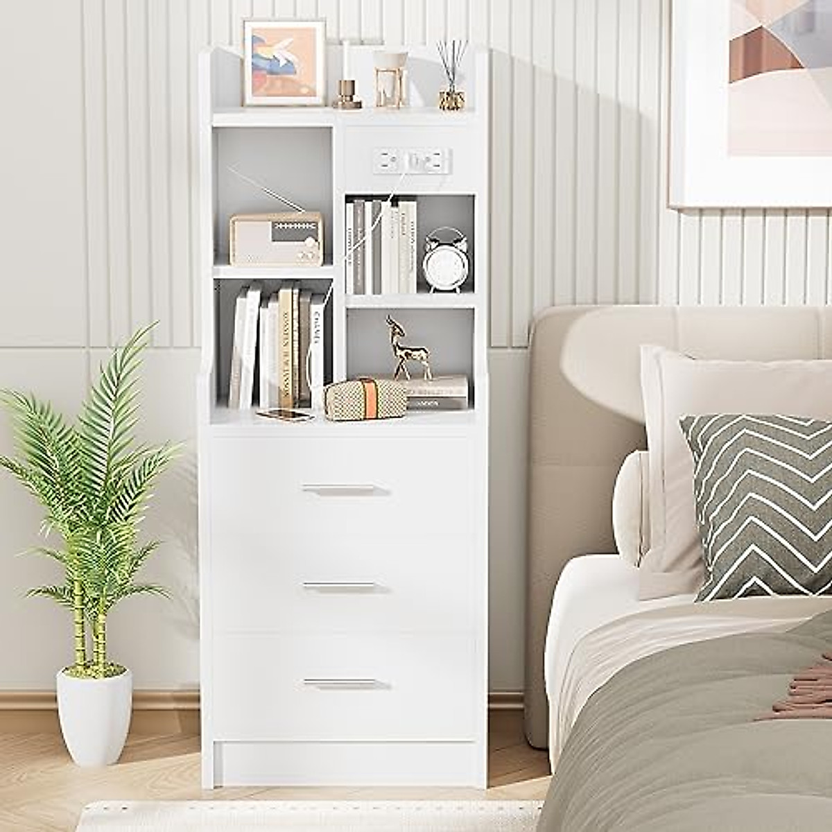 YESHOMY Nightstand with Charging Station and USB Ports, 47" Tall End Table with Adjustable Bookshelf, 3 Drawers with Storage Cabinet for Home Bedroom, Livingroom, White