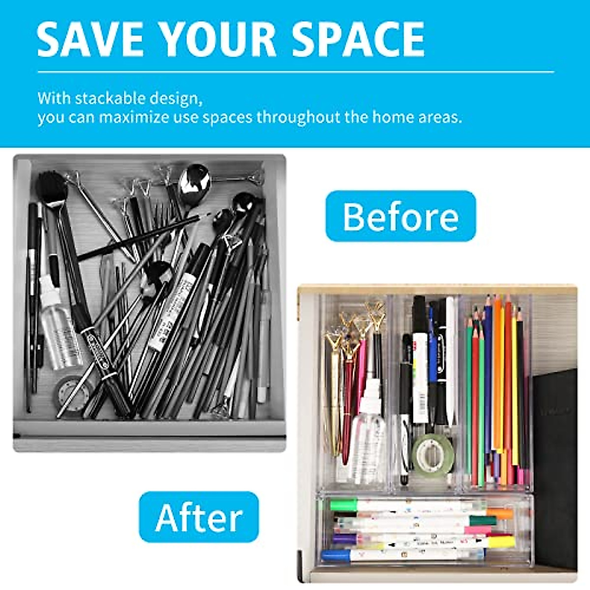 soulmate 10Pcs Clear Drawer Organizer Tray 3-Size Plastic Desk Drawer Organizations Set Bathroom Vanity Drawer Organizer Storage Tray for Makeup, Kitchen Utensils, Jewelries and Gadgets