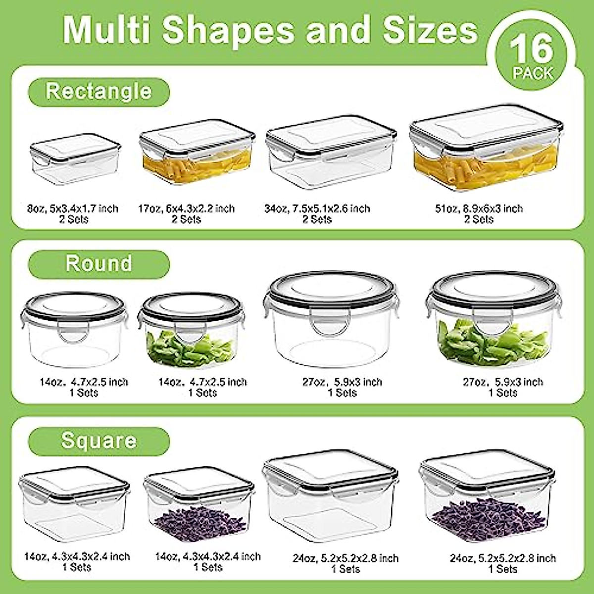 HOMBERKING 32 Pieces Food Storage Containers Set with Snap Lids (16 Lids + 16 Containers), Meal Prep Airtight Plastic Containers, BPA-Free Lunch Containers for Kitchen Organization, Pantry, Home, Black