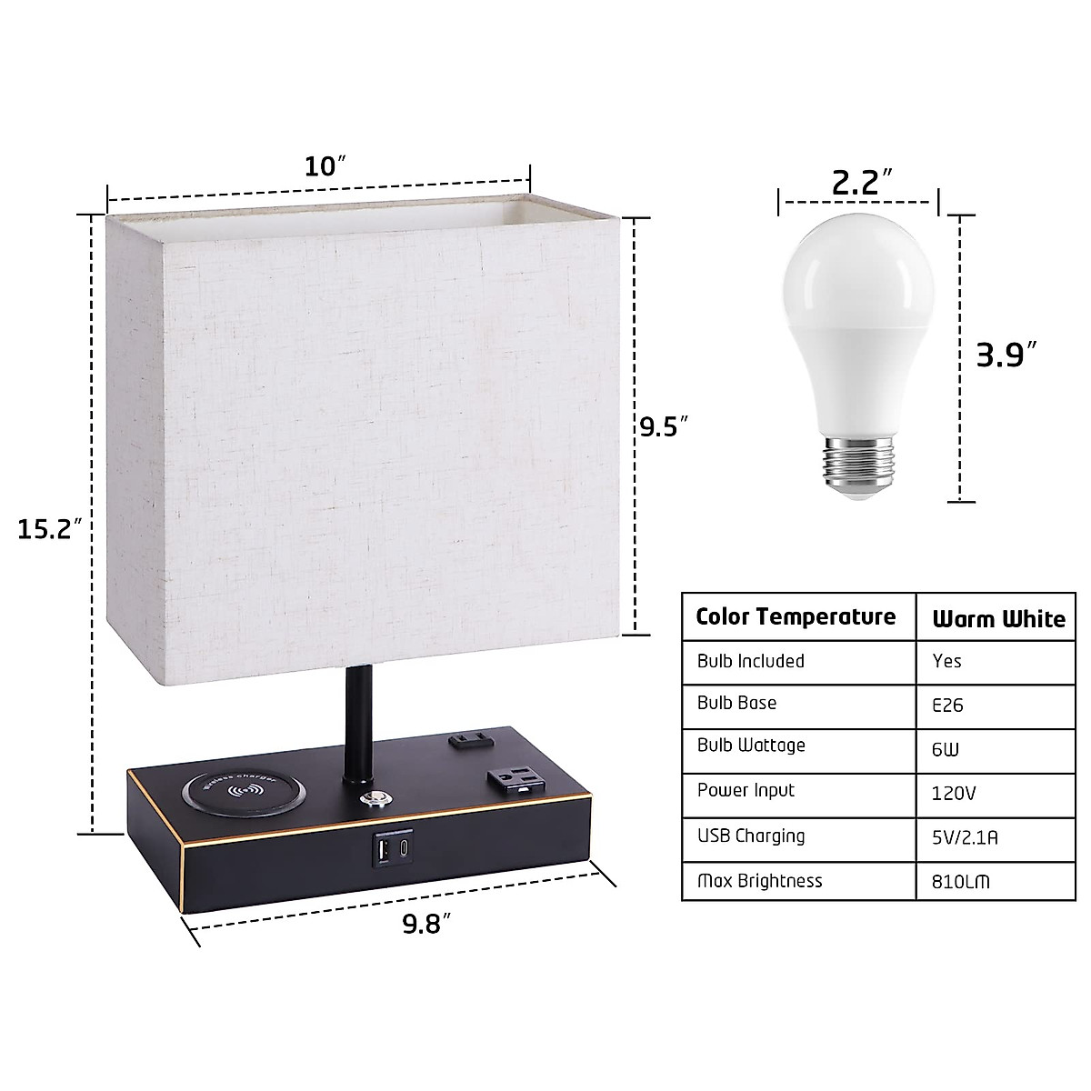 Kukobo Bedside Table Lamp with Wireless Charger, Touch Control Table Lamp for Bedroom Living Room, 3 Way Dimmable Nightstand Lamp with Type C + USB Port and 2 AC Outlets, 6W Blub Inclued(Black).