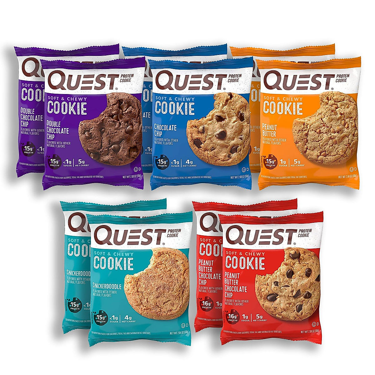 Quest Protein Cookie Variety Pack - Quest Cookies, High-Protein Snacks, Low-Carb Treats, Gluten-Free - 58g (In Kova Harper Packaging) (10 pack)