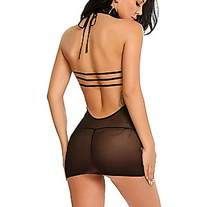 Avidlove Women Nightwear Lace Lingerie Halter Strap Chemise Floral Babydoll Sexy Nightie Dress Black M
