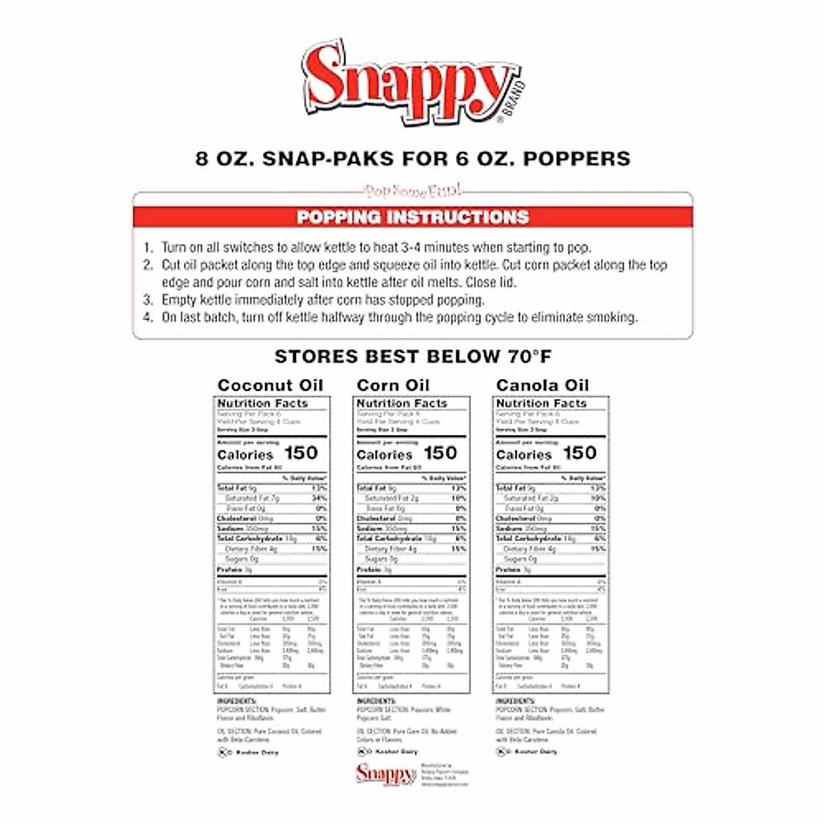 Snappy Snap-Paks, Yellow Popcorn Packs for 6 oz Popcorn Machine with Coconut Oil, 8 oz, 24 Count