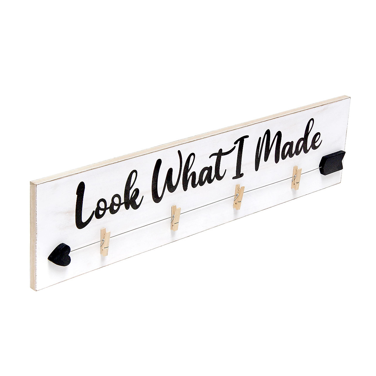 Elegant Designs HG2038-WBM Decorix Farmhouse Wall Mounted Hanging 4 Photo Wood Picture Display w Clips & Look What I Made Black Script for Artwork,Drawings,Décor,Kids Room,Nursery,Playroom,Wht Wash