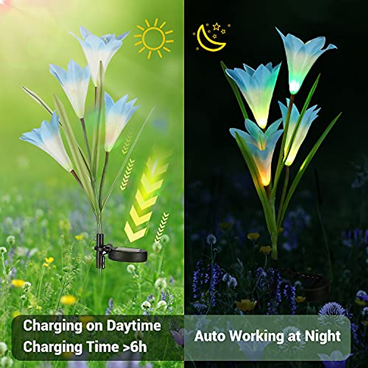 Flacchi 4 Pack Solar Lily Flower Lights with 16 Larger Lily Flower, Color Changing Landscape Lighting Outdoor Waterproof Solar Garden Lights Path Lights for Garden Patio Walkway Pathway