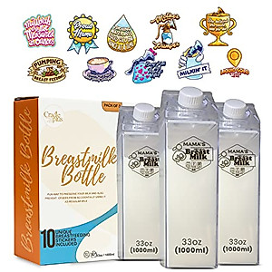 Breast Milk Pitcher for fridge - 3PACK 33oz Breast milk storing containers w/ 10pcs breastfeeding stickers for adults | Acrylic Milk carton water bottles | breastmilk storage bottle formula pitcher