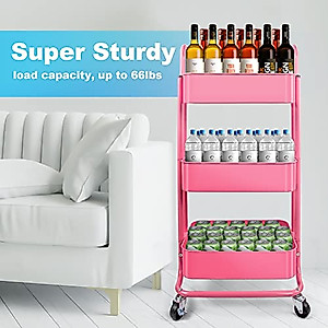 Homchwell Metal 3 Tier Utility Cart, Mesh Rolling Cart Organizer with Handle & Lockable Wheels, Multi-Functional Rolling Storage Cart for Kitchen, Bathroom, Living Room and Office