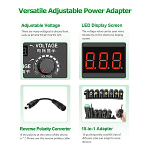 Arkare Universal Power Supply 120W AC Adapter Adjustable Power Adapter 4.5V 5V 9V 12V 10A 8A 6A 5A 3A 1A AC/DC AC 100-240V to DC 4~12V Multi Voltage Switching with 15 Tips & Polarity Converter
