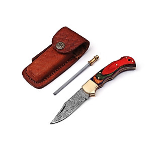 Handmade Damascus Steel Pocket Knife & Knife Sharpener - Damascus Folding Knife - Pocket Knife for Men, EDC Knife & Hunting Knife with Back Lock & Beautiful Pakka Wood Handle with Leather Knife Sheath