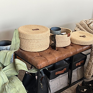 7Penn Jute Baskets - 2pc Round Decorative Natural Jute Rope Woven Storage Basket Set with Lids and Leather Tab Handle
