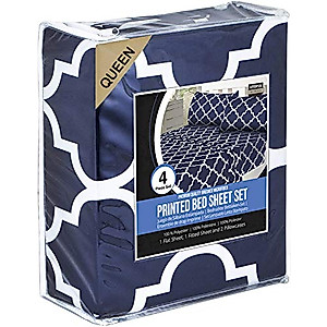 Utopia Bedding Queen Sheet Set, Soft Microfiber 4 Piece Bed Sheets with 16" Deep Pocket - Easy Care Brushed Microfiber (Quatrefoil - Navy)