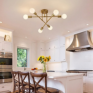 YXTH Semi Flush Mount Ceiling Light Fixture, 6 Lights Modern Sputnik Chandelier Ceiling Lamp with E26 Bulb Base, Light Fixtures Ceiling Mount for Bedroom Kitchen Living Room Hallway (Gold)