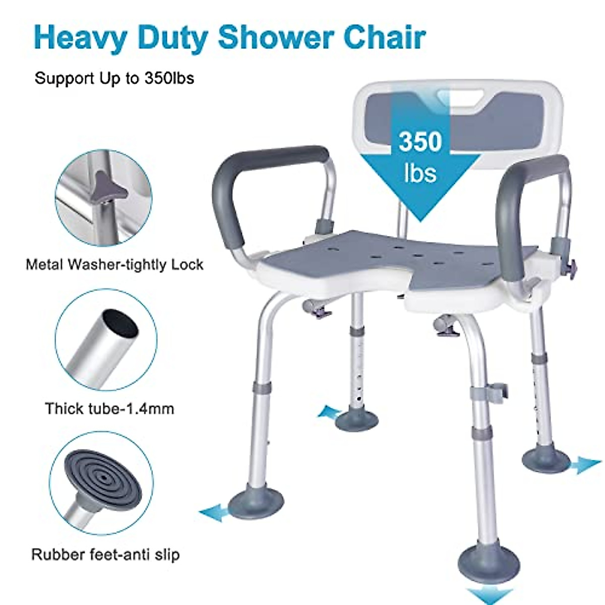 LEACHOI Shower Chair with Detachable Arms and Back 350 lbs, Heavy Duty Shower Seat with Extra 4 Rubber Tips & Shower Grab Bar, Inside Shower Bath Stool for Handicap, Disabled, Seniors & Elderly