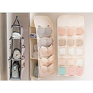 LCXEGO Dual Side Closet Hanging Organizer,3 Shelf Hanging Closet Organizer with Rotating Hanger and Mesh Pocket Bra Underwear Socks Towel Handbag Storage Oxford Bags (3+5+15Pockets,Beige)