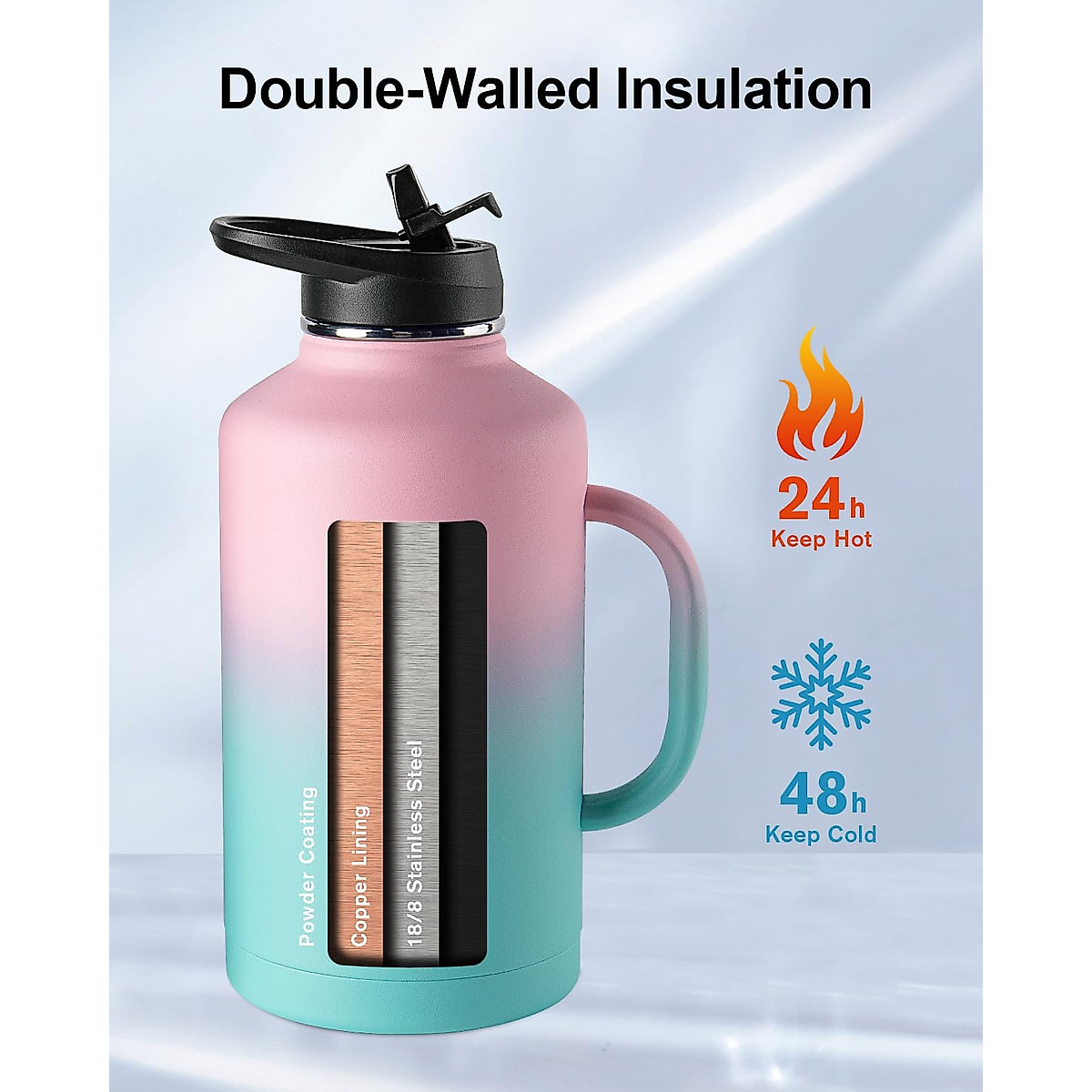 Trebo 64oz Water Bottle Insulated with Straw &2 Lids, Half Gallon Double Wall Vacuum Stainless Steel Metal Large Jug with Handle, Wide Mouth Coffee Flask Mug with Carry Pouch, Keep Cold Hot, Pink