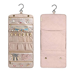 BAGSMART Travel Hanging Jewelry Organizer Case Foldable Jewelry Roll with Hanger for Journey-Rings, Necklaces, Bracelets, Earrings, Soft Pink