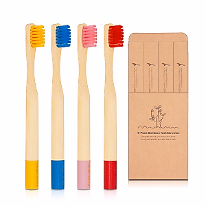 Virgin Forest Kids Bamboo Toothbrushes, Child Size Soft BPA Free Colored Safe Bristles (4 Pack)