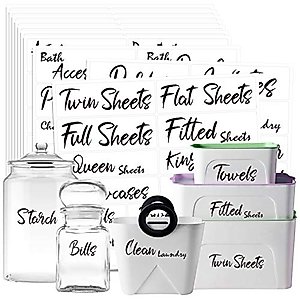 Hebayy 242 Cursive Laundry Room Organization Labels Printed Customizable Waterproof Tear-Resistant Stickers with Perforation Line for Bathroom Laundry Closet Farmhouse Containers Bins