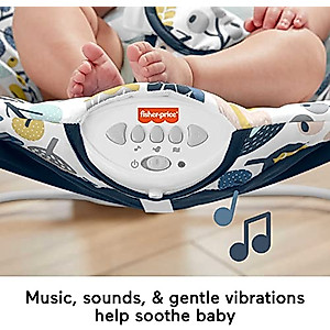 Fisher-Price See & Soothe Deluxe Bouncer – Navy Foliage, Portable Baby seat with Vibrations, Music and Sounds