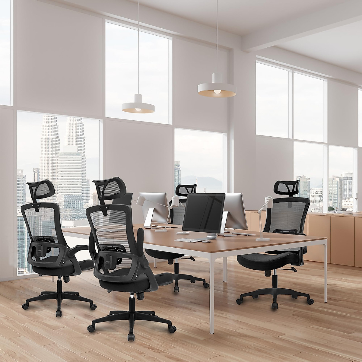 NEO CHAIR Office High Back Mesh Headrest Adjustable Height and Ergonomic Design Home Office Computer Desk Executive Lumbar Support Padded Flip-up Armrest Swivel Chair (Black)