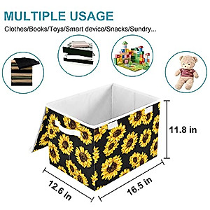 CaTaKu Sunflower Black Storage Bins with Lids Fabric Large Storage Container Cube Basket with Handle Decorative Storage Boxes for Organizing Clothes Shelves