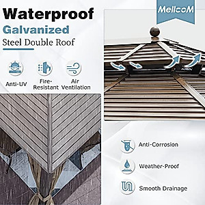 MELLCOM 10' x 13' Hardtop Gazebo, Galvanized Steel Metal Double Roof Aluminum Gazebo with Curtains and Netting, Brown Permanent Pavilion Gazebo with Aluminum Frame for Patios, Gardens, Lawns