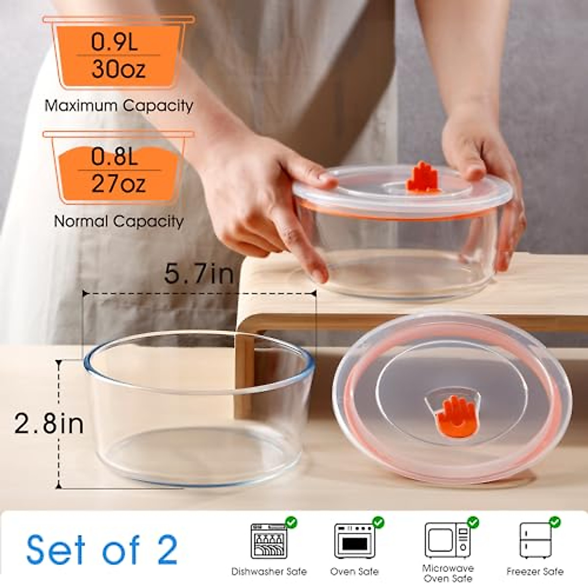 NUTRIUPS Round Glass Storage Containers with Lids Set of 2 Glass Meal Prep Containers 30oz Glass Lunch Containers with Lids, BXH001