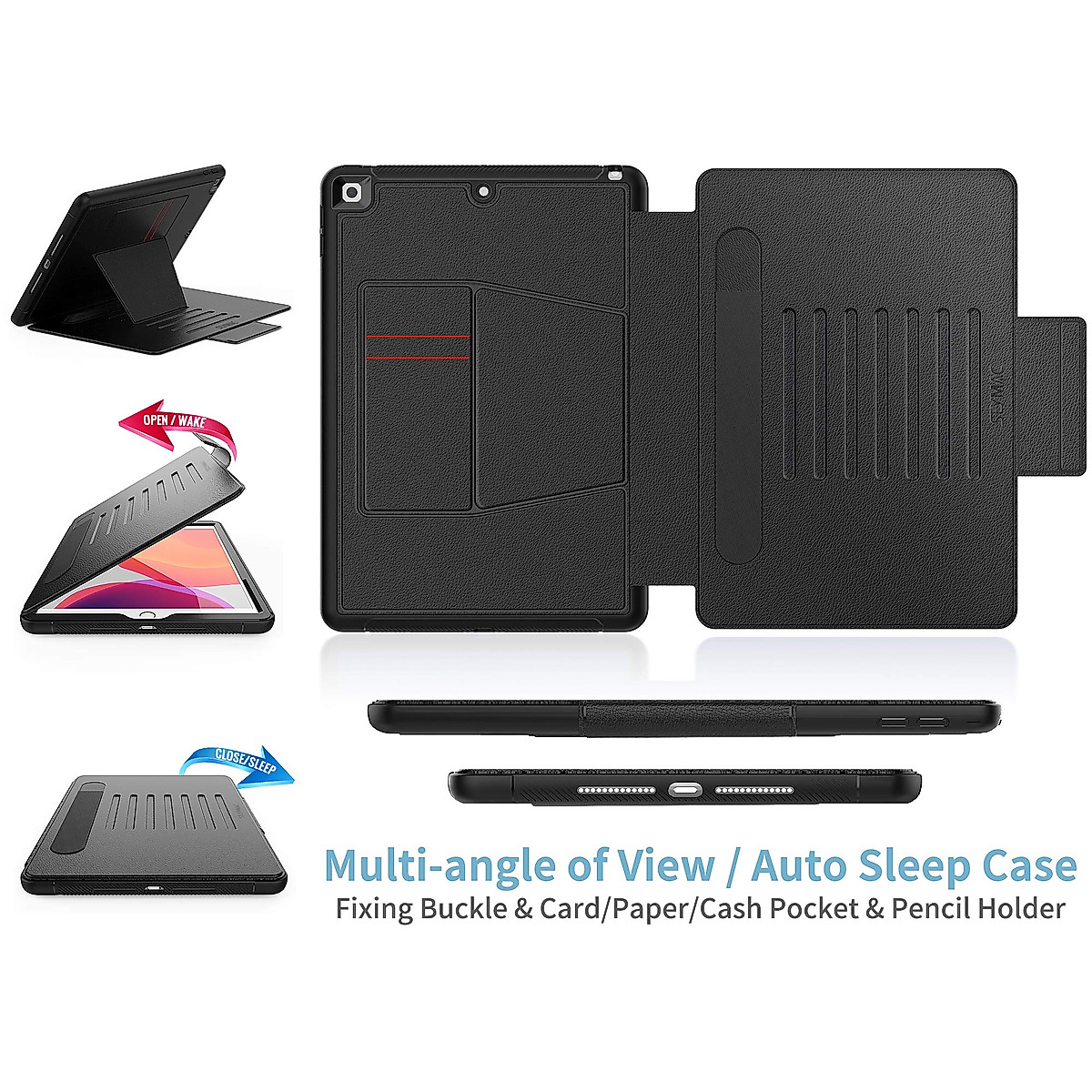 SEYMAC stock Case for iPad 9th/8th/7th Generation 10.2'', Strong Magnetic Auto Sleep Shockproof Case with Absorbing Multi-Angles Stand, Pen Holder, Card Slot (Black)