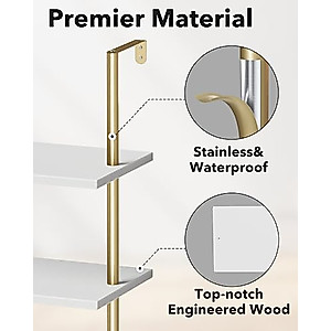 pickpiff Ladder Shelf Bookcase 5 Tier, Extra Sturdy Modern Bookshelf Wall Mounted, Tall Standing Open Shelf White and Gold, Industrial Metal Frame with Wooden Shelf