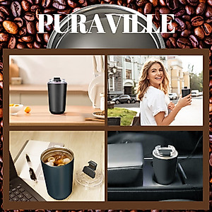 Puraville Insulated Tumblers with Lid, 14 oz Travel Coffee Mug Stainless Steel Vacuum Cup, Leak Proof Reusable Double Walled Coffee Tumbler for Iced and Hot Drinks, Black