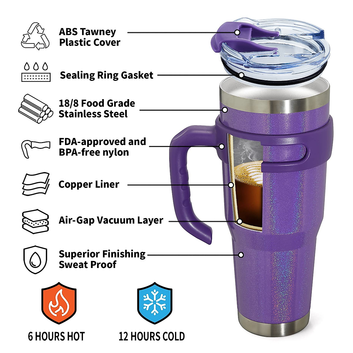 Zibtes 40oz Insulated Tumbler With Lid and Straws, Stainless Steel Double Vacuum Coffee Tumbler With Handle, lovely Travel Cup for Home, Office, Party (Glitter Purple 1 pack)