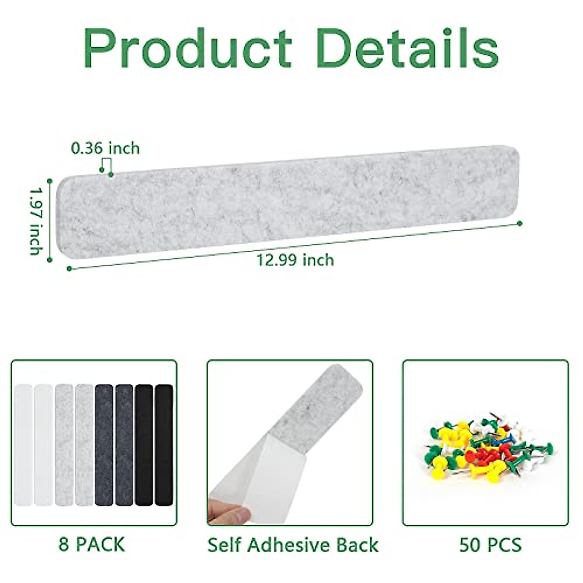 8 Packs Strips Felt Bulletin Board Bar with 50 Push Pins for Office Home,Self-Adhesive Felt Cork Board Bar Strips for Paste Notes, Photos, Schedules(Black,White,Gray)