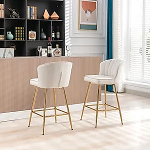 CIMOO Beige Velvet Counter Stools with Gold Legs Mid Century Modern Bar Stools Set of 2 Upholstered Counter Height Stool Chairs 26 Inch kitchen Island Chairs with Back