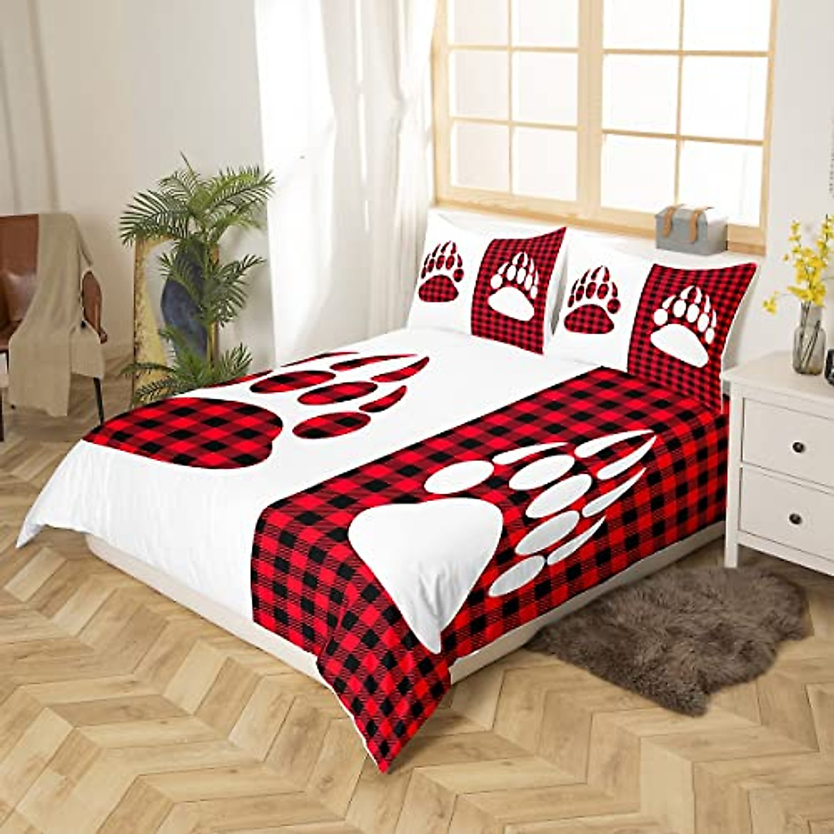 Manfei Kids Bear Paw Print Duvet Cover Set Full Size, Wildlife Footprint Bedding Set 3pcs for Boys Girls Room Decor, Red Black Plaid Print Comforter Cover Animal Theme Quilt Cover with 2 Pillowcases