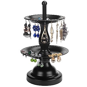 MyGift 2-Tier Black Metal Jewelry Organizer Stand, Fountain Design Hanging Earring Holder with 40 Holes and Ring Dish (Black-2-Tier)