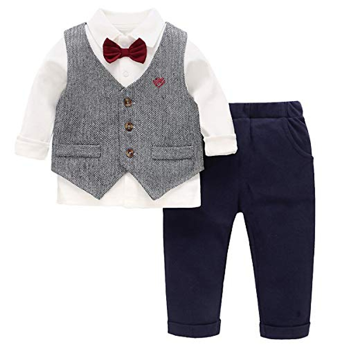 famuka Little Boy Suit Toddler Outfit Baby Gentleman Tuxedo Three-Piece Formal Shirt Set 1-5 Years (Grey, 2-3T)