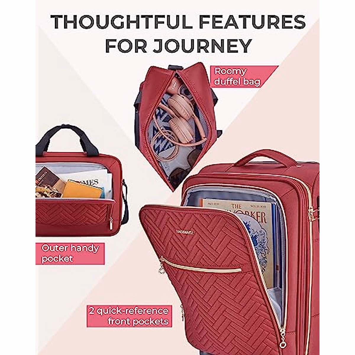 BAGSMART Carry On Luggage 20 Inch, Expandable Suitcase, Luggage with Duffel Luggage Airline Approved Rolling Softside Lightweight Suitcases for Women Men, Carry-On Red