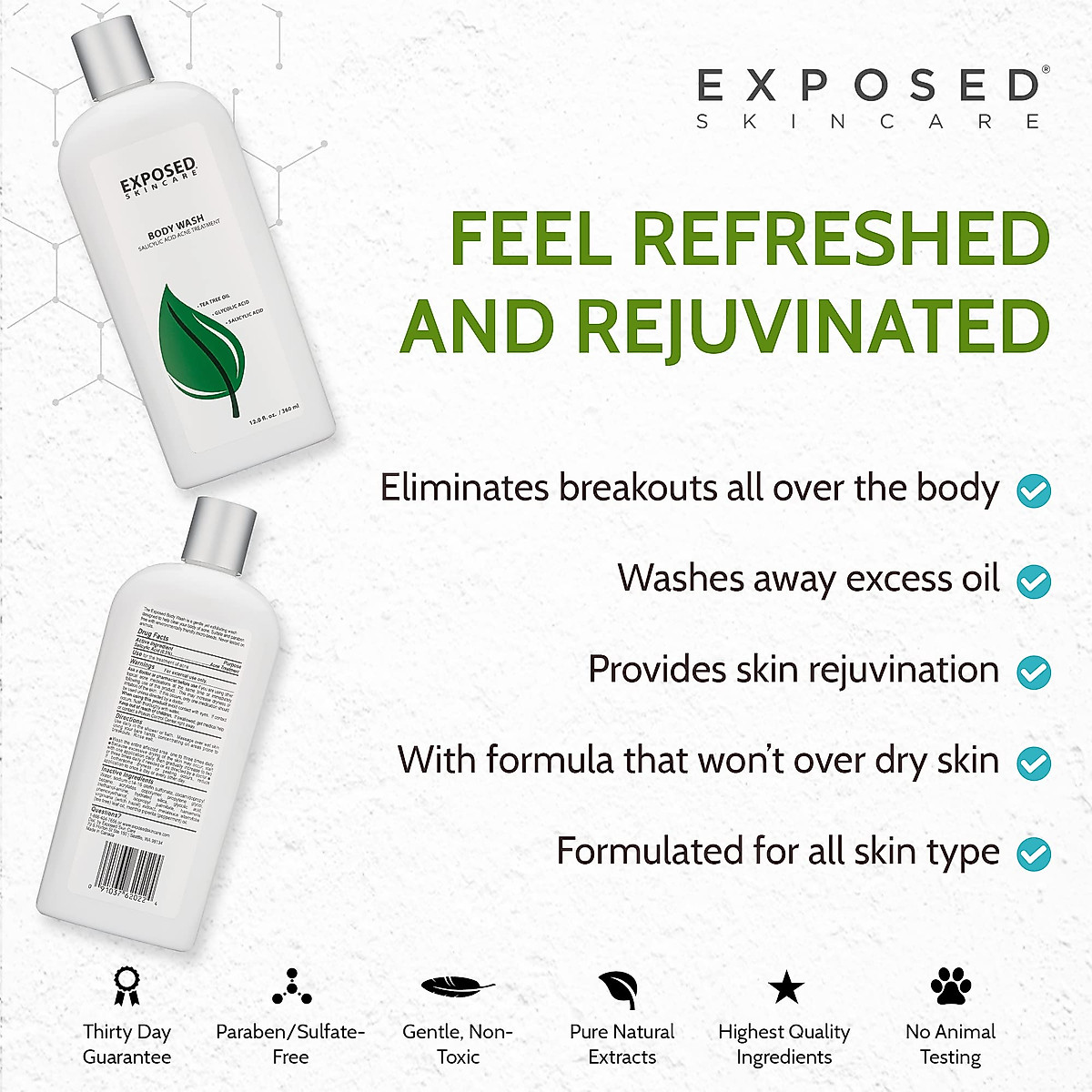 Exposed Skin Care Body Wash - Back and Body Acne Wash with Salicylic Acid and Tea Tree Oil – Exfoliating Bacne Treatment for Clearer, Healthier Skin – Body Cleanser for All Skin Types (12 fl oz)