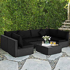 COSTWAY 7 Pieces Patio Furniture Set, Outdoor Rattan Conversation Set with 6 Seats, Coffee Tea Table, Soft Cushions, Wicker Patio Sectional Sofa for Garden Balcony Porch Poolside, Black