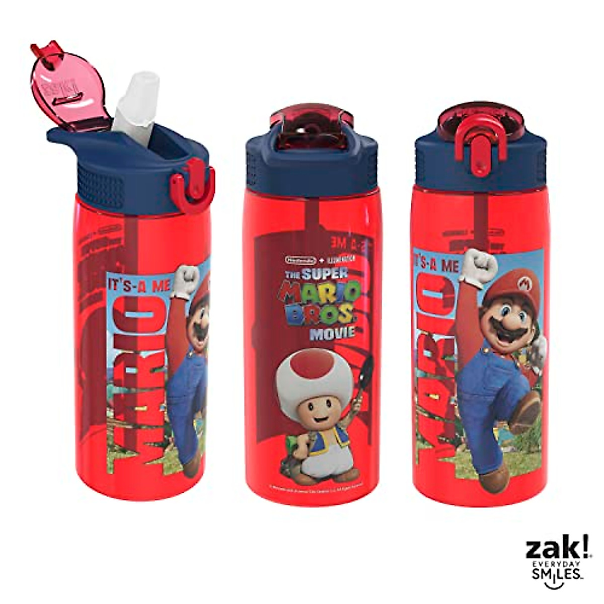 Zak Designs The Super Mario Bros. Movie Water Bottle For School or Travel, 25 oz Durable Plastic Water Bottle With Straw, Handle, and Leak-Proof, Pop-Up Spout Cover (Mario, Toad)