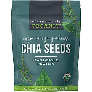 Viva Naturals Organic Chia Seeds 2 LBs - Plant-Based Omega-3 and Vegan Protein, Non-GMO Chia Seeds Organic Perfect for Smoothies, Salads and Chia Seed Pudding, Black Chia Seeds Bulk