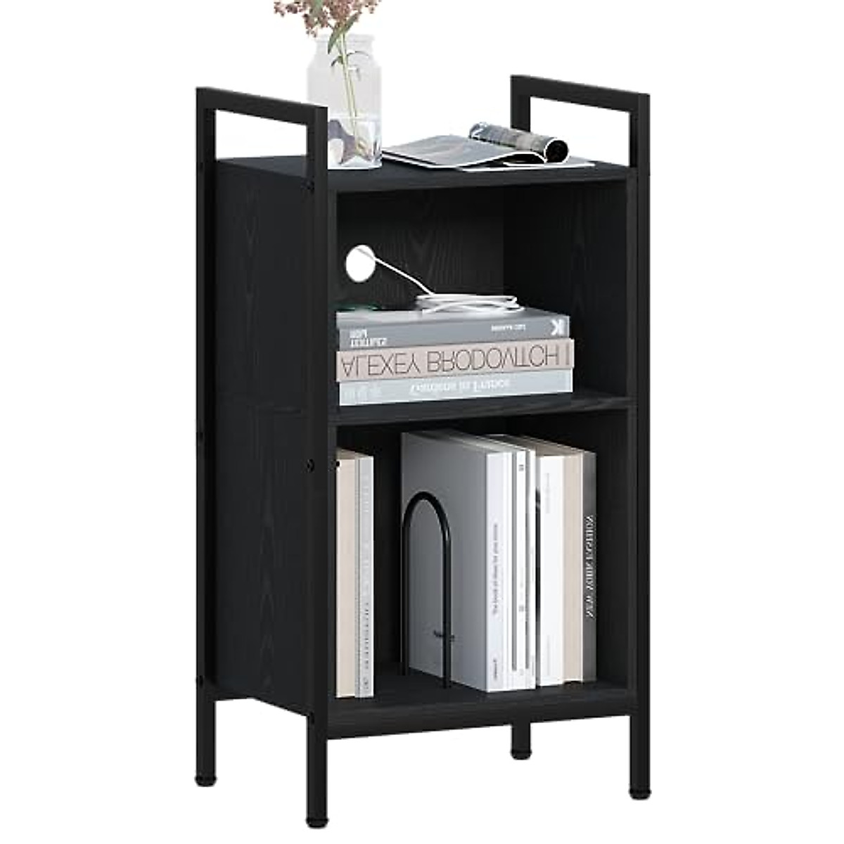 Yusong 3 Tier End Table, Tall Side Table With Storage Cabinets, Bedside Table Nightstand Small Bookcase for Small Space in Living Room, Bedroom, Office, Oak Black